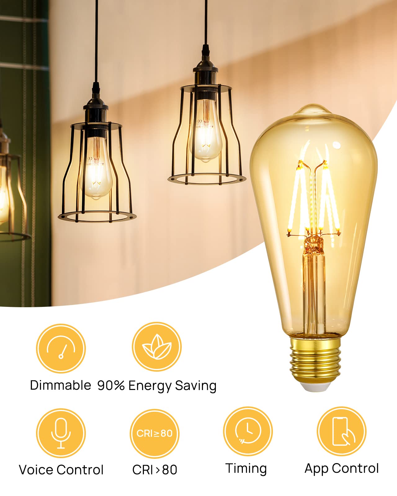 Linkind Smart Edison Bulbs, WiFi LED E26 Edison Bulbs, Dimmable ST64 Vintage Filament Light Bulb, 45W Equivalent, 2200K Soft White, 350lm, Compatible with Alexa, Google Home, No Hub Required, 4 Pack