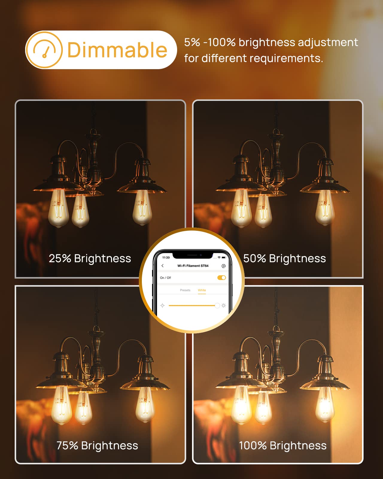 Linkind Smart Edison Bulbs, WiFi LED E26 Edison Bulbs, Dimmable ST64 Vintage Filament Light Bulb, 45W Equivalent, 2200K Soft White, 350lm, Compatible with Alexa, Google Home, No Hub Required, 4 Pack