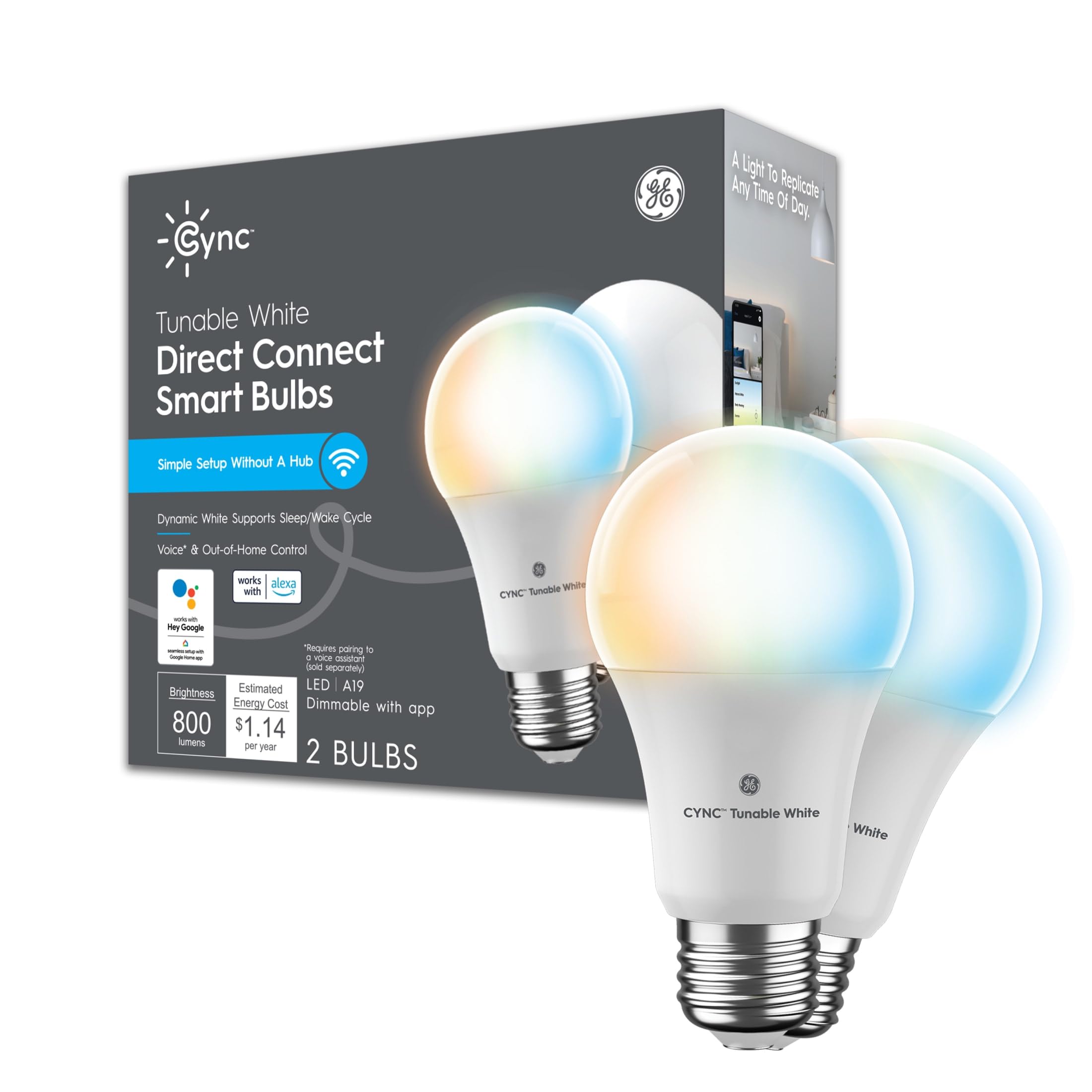GE CYNC Smart LED Light Bulbs, Tunable White, Bluetooth and Wi-Fi Lights, Works with Alexa and Google Home, A19 Light Bulbs (2 Pack)