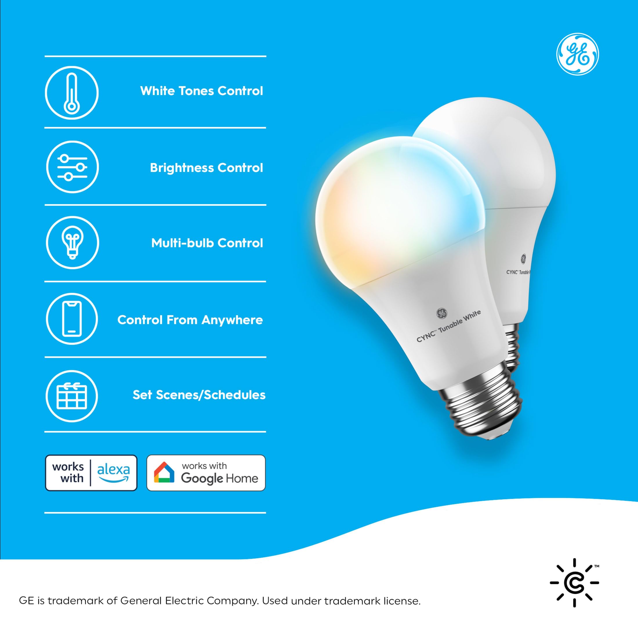GE CYNC Smart LED Light Bulbs, Tunable White, Bluetooth and Wi-Fi Lights, Works with Alexa and Google Home, A19 Light Bulbs (2 Pack)