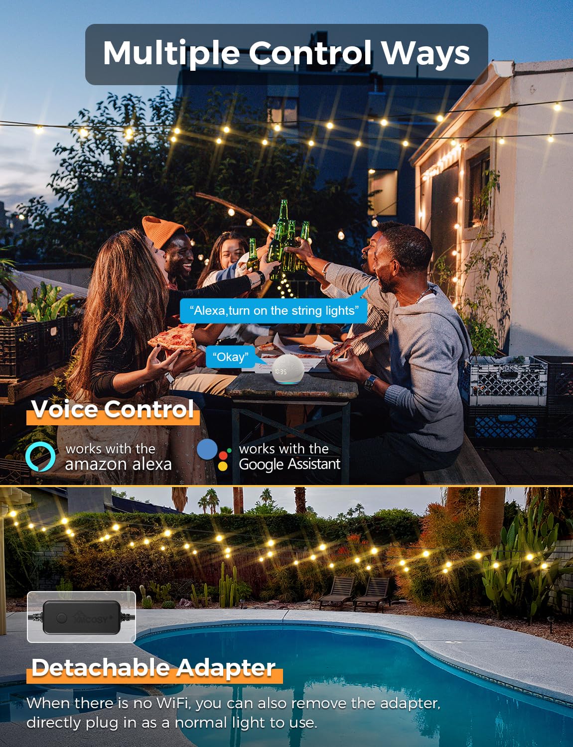 XMCOSY+ Patio Lights, Smart Outdoor String Lights 50Ft, G40 Globe Patio Lights with 25 Dimmable LED Bulbs, APP Control, Work with Alexa, Connectable Waterproof LED Outdoor Lights for Patio Porch