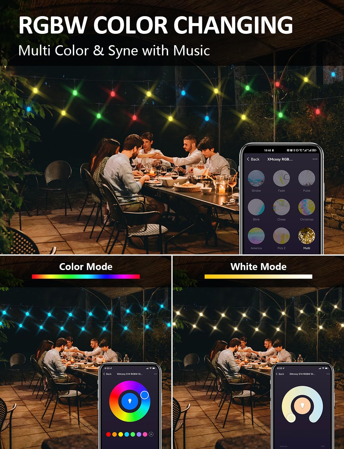 XMCOSY+ Outdoor String Lights, Smart 49Ft Patio Lights RGB, App & WiFi Control Color Changing LED String Lights with Dimmable 15 LED Bulbs, Works with Alexa, IP65 Waterproof, Shatterproof