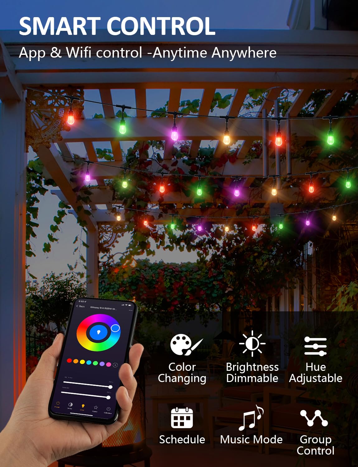 XMCOSY+ Outdoor String Lights, Smart 49Ft Patio Lights RGB, App & WiFi Control Color Changing LED String Lights with Dimmable 15 LED Bulbs, Works with Alexa, IP65 Waterproof, Shatterproof