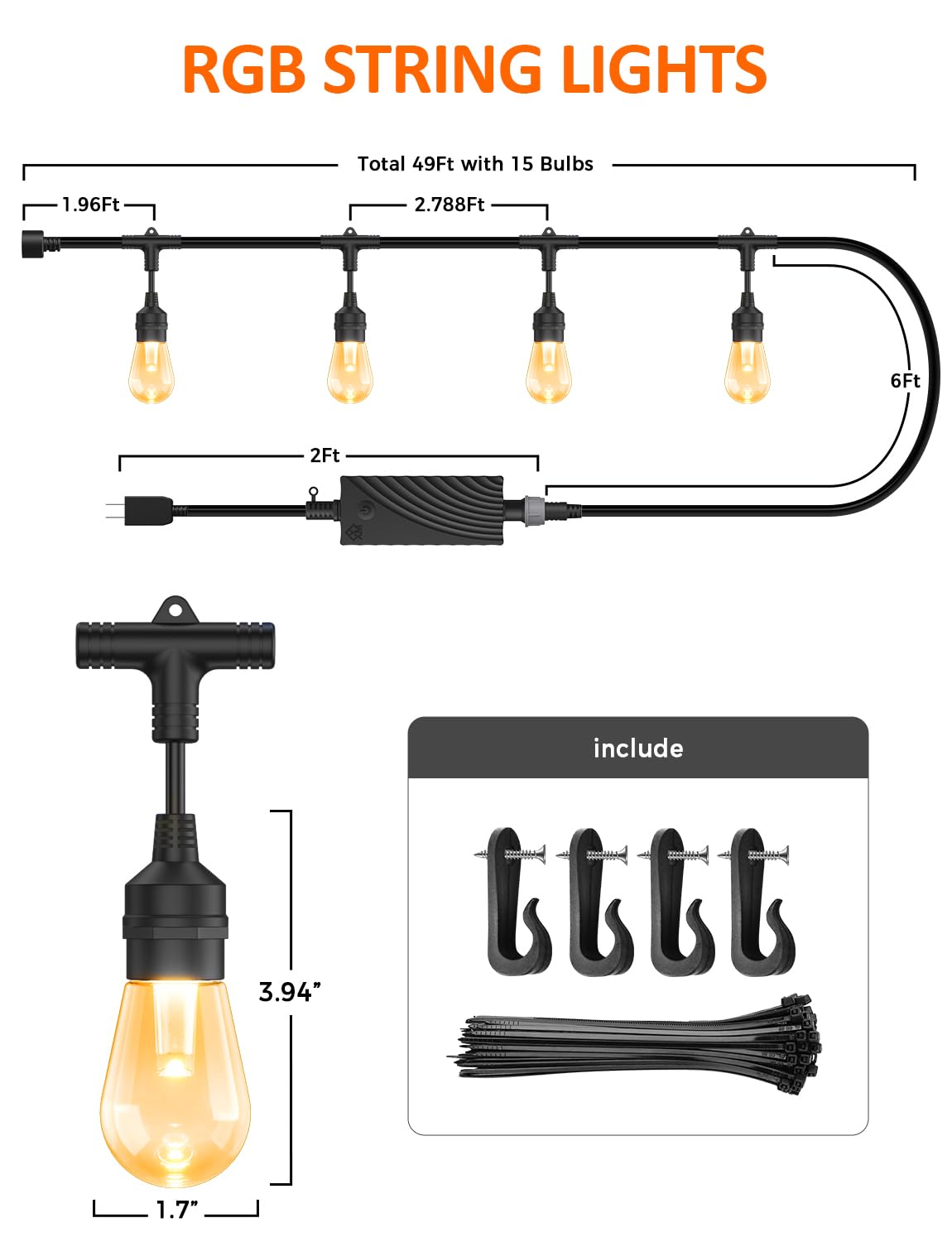 XMCOSY+ Outdoor String Lights, Smart 49Ft Patio Lights RGB, App & WiFi Control Color Changing LED String Lights with Dimmable 15 LED Bulbs, Works with Alexa, IP65 Waterproof, Shatterproof