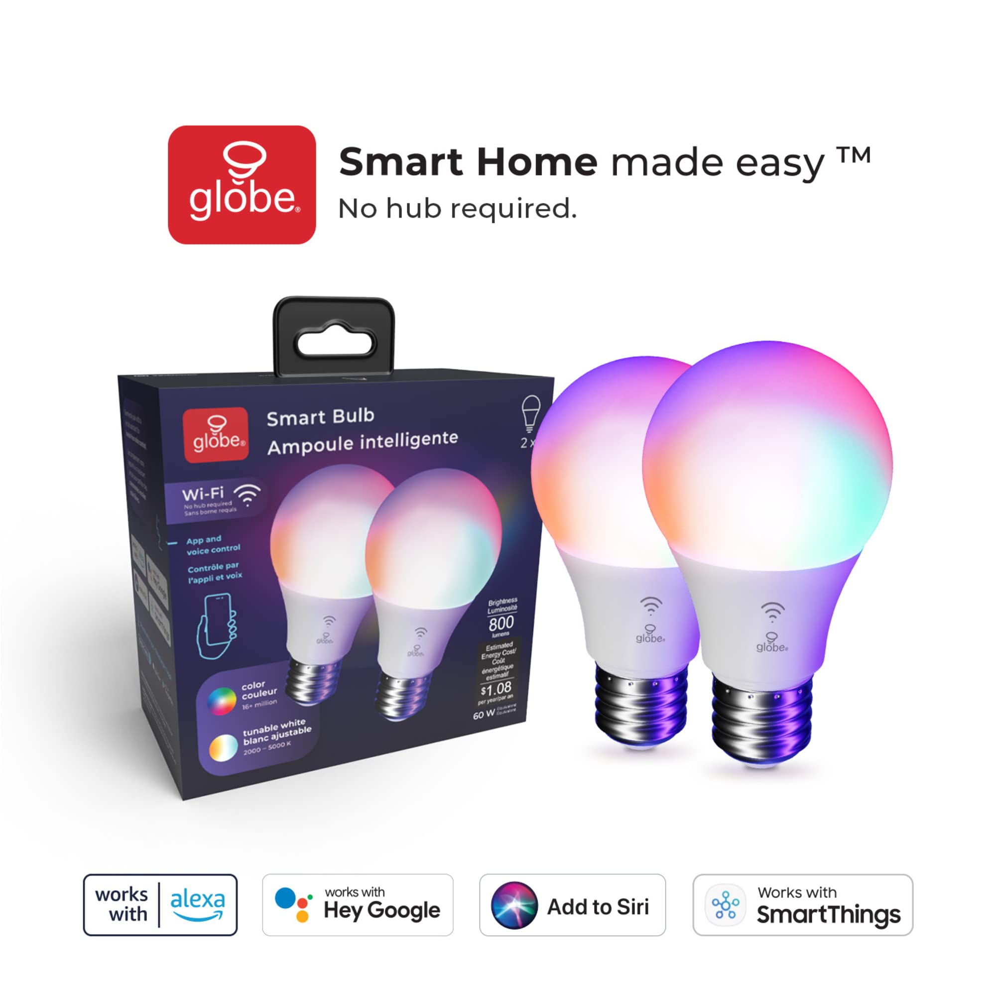 Globe Electric 34207 Wi-Fi Smart 10 Watt (60W Equivalent) Multicolor Changing RGB Tunable White Frosted LED Light Bulb 2-Pack, No Hub Required, Voice Activated, 2000K - 5000K, A19 Shape, E26 Base