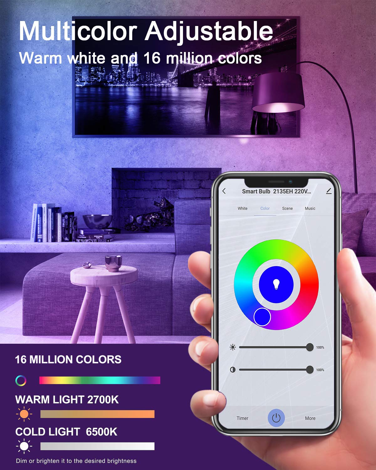 DOGAIN Smart Light Bulb E26 A15 RGB Color Changing Light Bulbs Compatible with Alexa Google Home 6W (40W Equivalent) Dimmable Multicolor WiFi LED Light Bulbs 500LM (Only 2.4GHz) 2 Pack