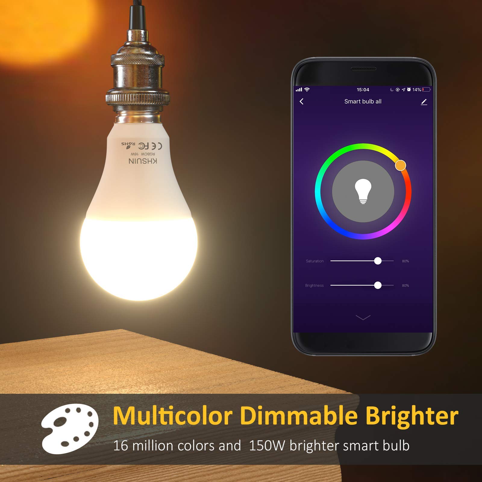 KHSUIN WiFi Smart Light Bulbs,16W 150W Equivalent 1600Lumen Ultra Bright E26 A19 Smart Bulb Work with Alexa,Google No Hub Required,Dimmable Led Full Color Changing Alexa Light Bulb,2 Pack