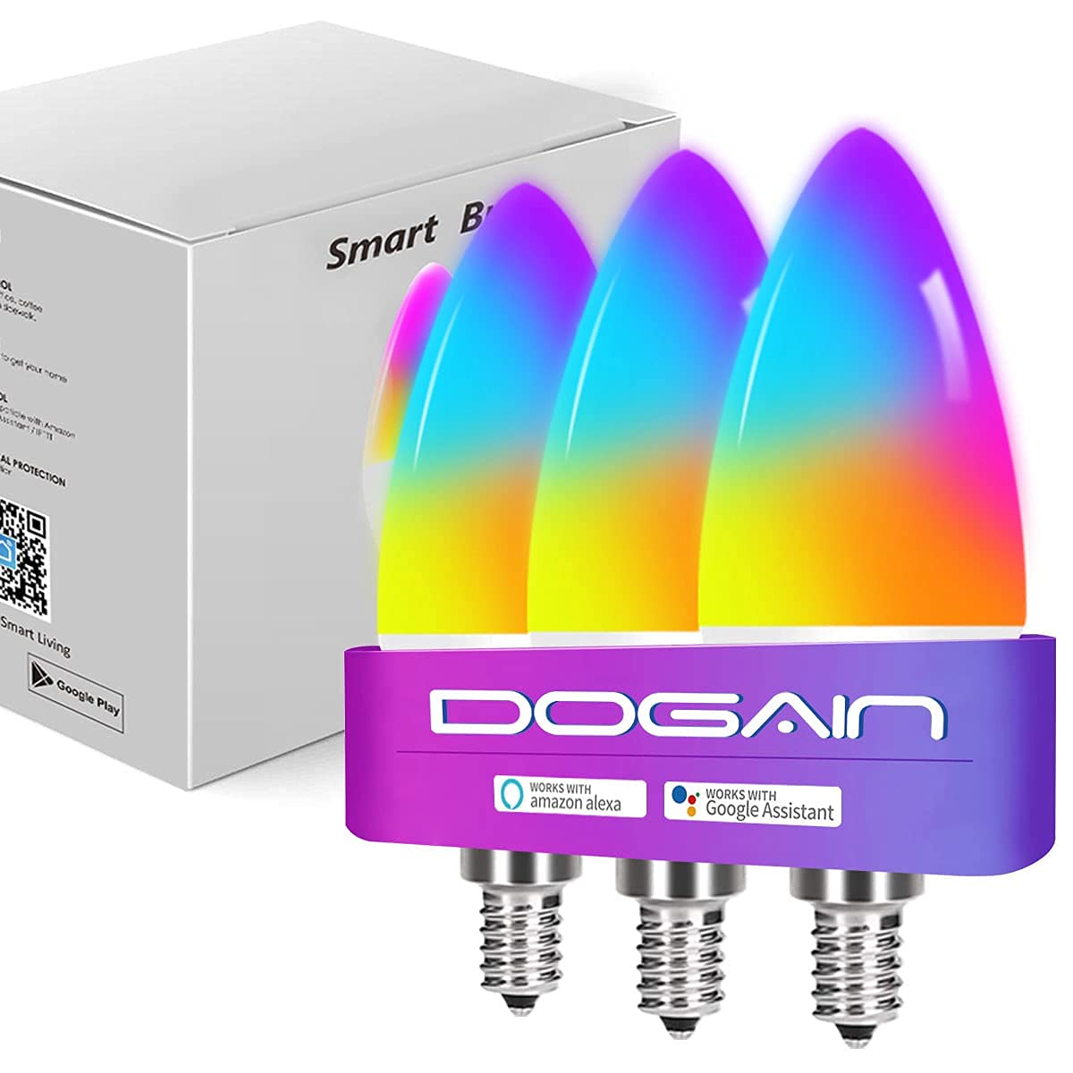 DOGAIN Smart Light Bulbs E12 Base LED Color Light Bulb WiFi-Bluetooth Candelabra Light Bulbs Compatible with Alexa Google Home, APP Color Changing Dimmable, 360 lm 35w Equivalent (2.4 Ghz only) 3 Pack