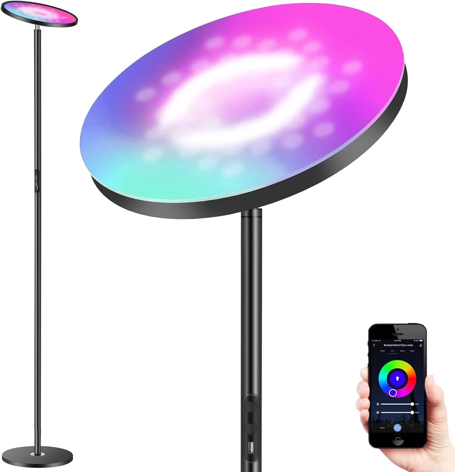 LOLpetik Smart LED Floor Lamp Work with Alexa Google Home, RGBCW 2700K-6500K Color Changing WiFi Torchiere Floor Lamps, Super Bright 2000LM Dimmable Tall Standing Light for Bedroom Living Room