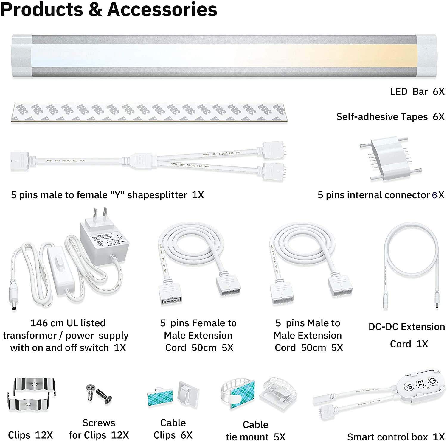 LED Smart Under Cabinet Lights Work with Alexa,Siri, Echo, Google Home (No Hub Required), 2700K to 6500K for Kitchen Under Counter, Bookcase or Display Cabinet(6 Lights Bar Kit)