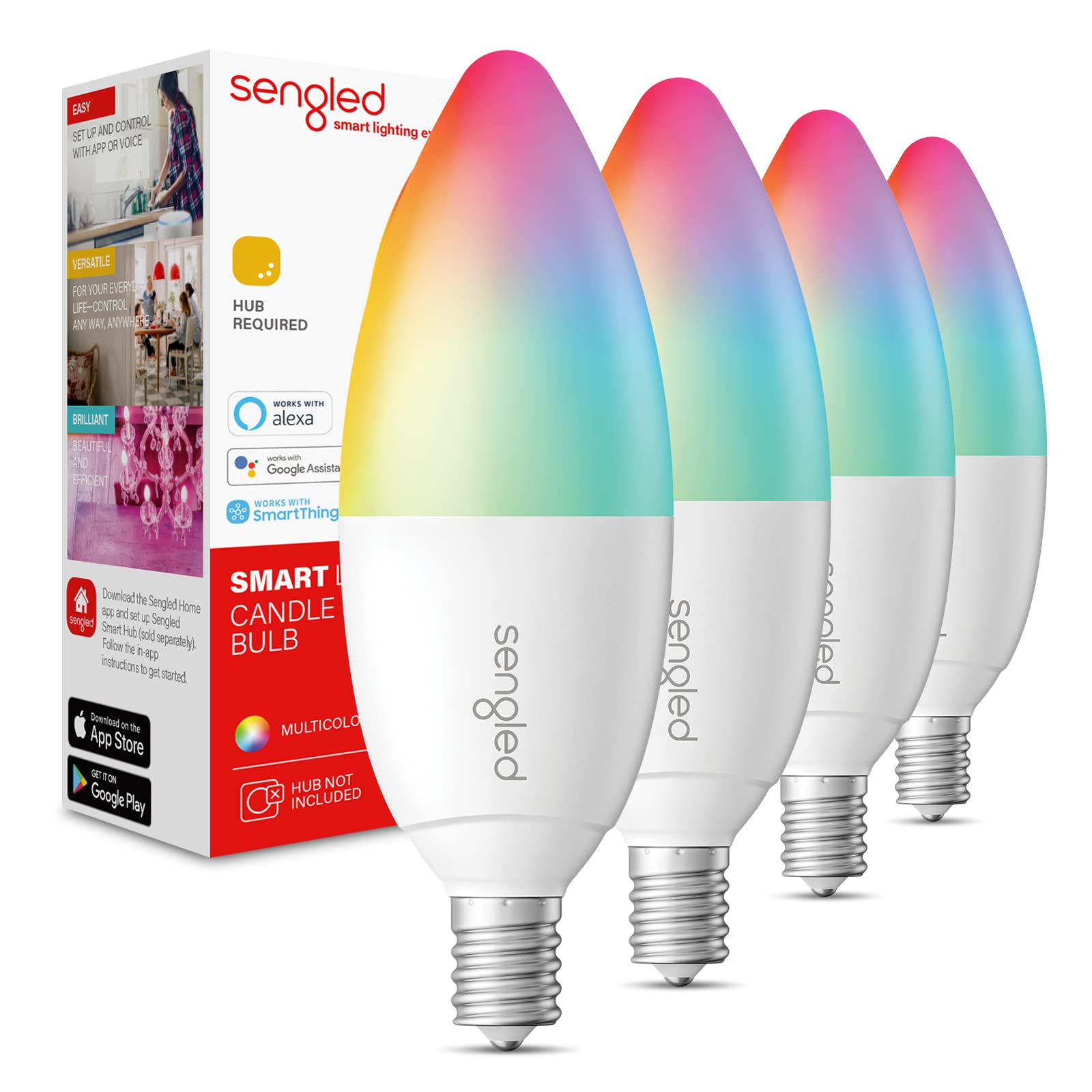 Sengled Zigbee Smart Candelabra Bulbs, Hub Required, Dimmable Multicolor E12 LED Candle Light Bulb Work with Alexa Echo(4th Gen), Echo Plus, Google/SmartThings, Voice/APP Control, 450 LM/40W Eqv. 4PK