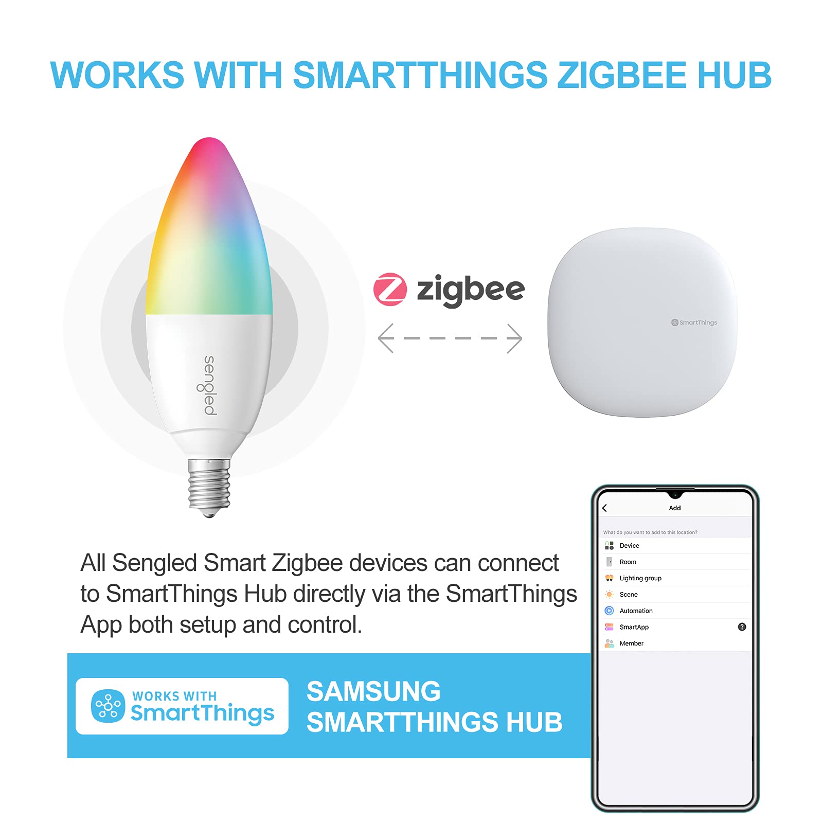 Sengled Zigbee Smart Candelabra Bulbs, Hub Required, Dimmable Multicolor E12 LED Candle Light Bulb Work with Alexa Echo(4th Gen), Echo Plus, Google/SmartThings, Voice/APP Control, 450 LM/40W Eqv. 4PK