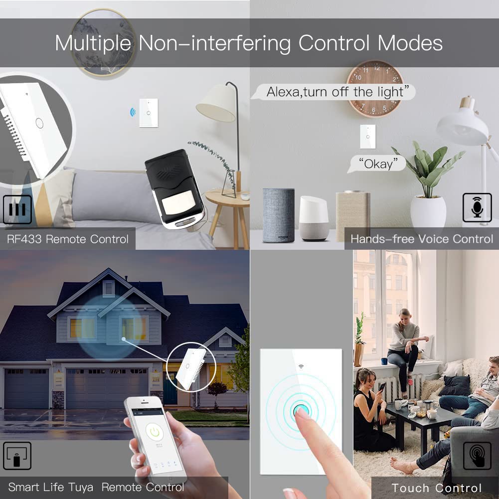 MOES Touch Wall Single Live Wire Smart Switch,No Neutral Wire Needed, 2.4GHz WiFi RF433 Light Switch Works with Smart Life/Tuya App, Alexa and Google Home, Single Pole 110V, White 1 Gang