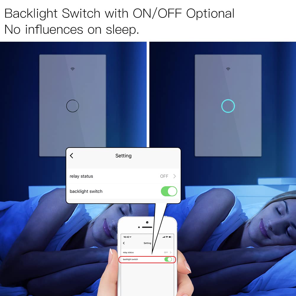 MOES Touch Wall Single Live Wire Smart Switch,No Neutral Wire Needed, 2.4GHz WiFi RF433 Light Switch Works with Smart Life/Tuya App, Alexa and Google Home, Single Pole 110V, White 1 Gang