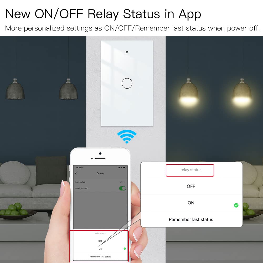 MOES Touch Wall Single Live Wire Smart Switch,No Neutral Wire Needed, 2.4GHz WiFi RF433 Light Switch Works with Smart Life/Tuya App, Alexa and Google Home, Single Pole 110V, White 1 Gang