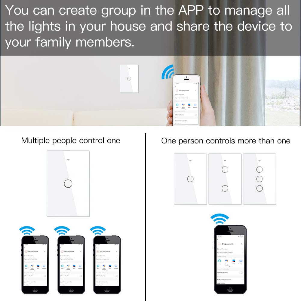 MOES Touch Wall Single Live Wire Smart Switch,No Neutral Wire Needed, 2.4GHz WiFi RF433 Light Switch Works with Smart Life/Tuya App, Alexa and Google Home, Single Pole 110V, White 1 Gang