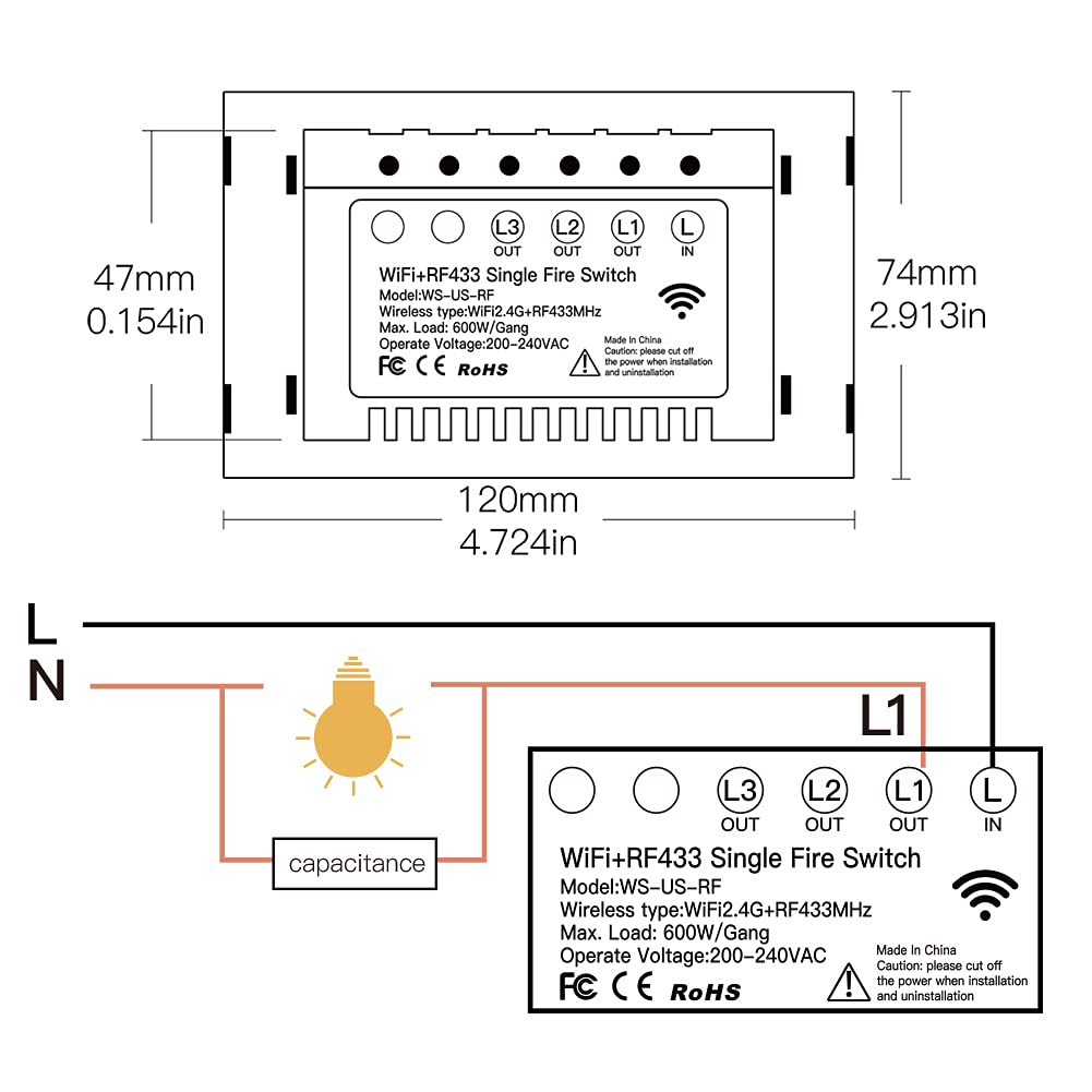 MOES Touch Wall Single Live Wire Smart Switch,No Neutral Wire Needed, 2.4GHz WiFi RF433 Light Switch Works with Smart Life/Tuya App, Alexa and Google Home, Single Pole 110V, White 1 Gang