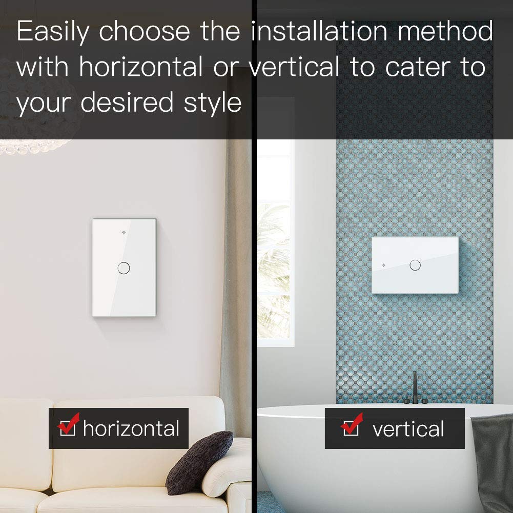 MOES Touch Wall Single Live Wire Smart Switch,No Neutral Wire Needed, 2.4GHz WiFi RF433 Light Switch Works with Smart Life/Tuya App, Alexa and Google Home, Single Pole 110V, White 1 Gang
