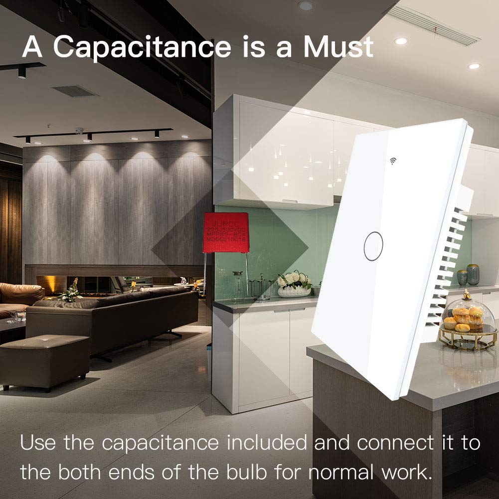MOES Touch Wall Single Live Wire Smart Switch,No Neutral Wire Needed, 2.4GHz WiFi RF433 Light Switch Works with Smart Life/Tuya App, Alexa and Google Home, Single Pole 110V, White 1 Gang