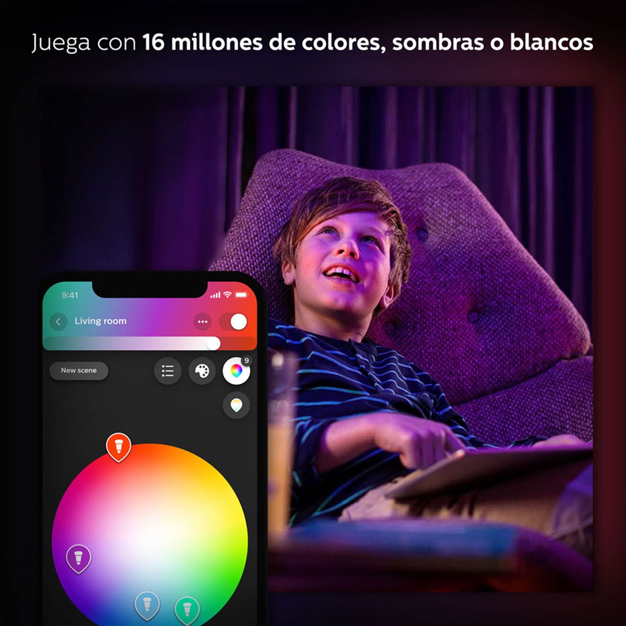 Philips Hue MAIN-54158 White & Color Ambiance LED Starter Kit-3 Multicolor A19 Bulbs, Bridge and Hue Dimmer Switch (Gen 3-Richer Colors), 1 Count (Pack of 1), Multi