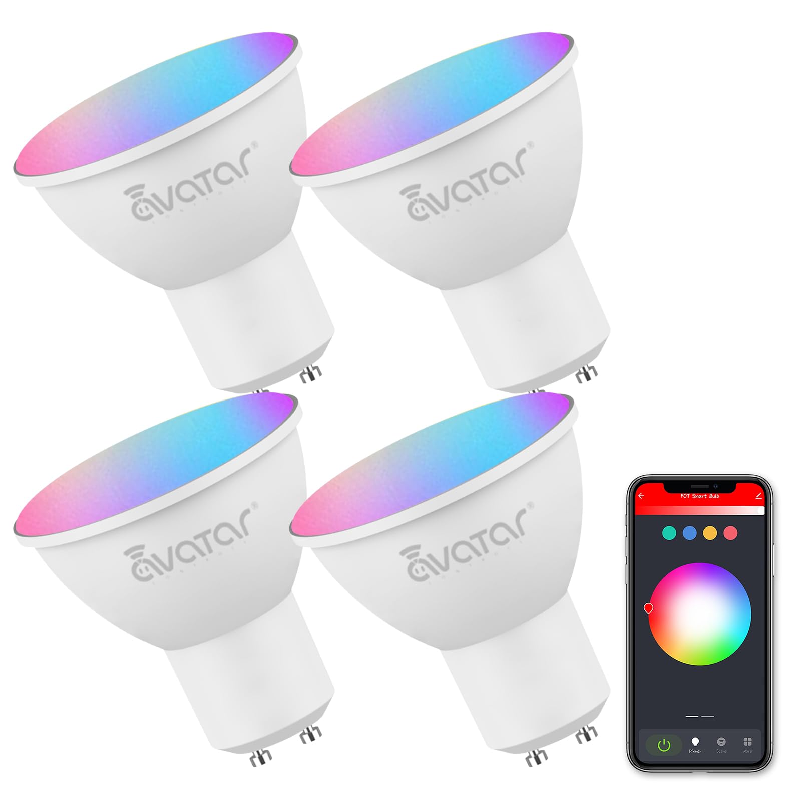Avatar Controls 4 Pack Smart Bulb GU10, Alexa LED Light Bulbs Music Sync RGBCW Color Changing Dimmable WiFi Spot Lights Works with Google Home, Quick Connection