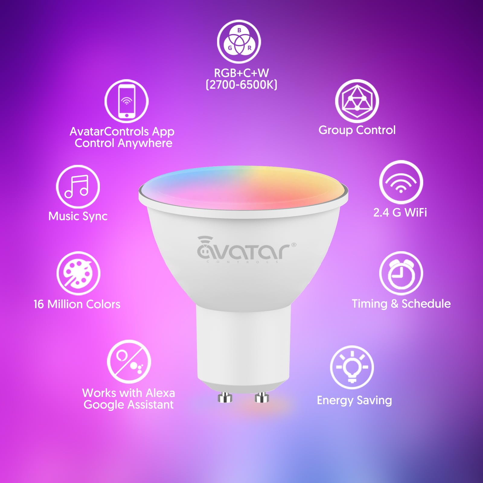 Avatar Controls 4 Pack Smart Bulb GU10, Alexa LED Light Bulbs Music Sync RGBCW Color Changing Dimmable WiFi Spot Lights Works with Google Home, Quick Connection