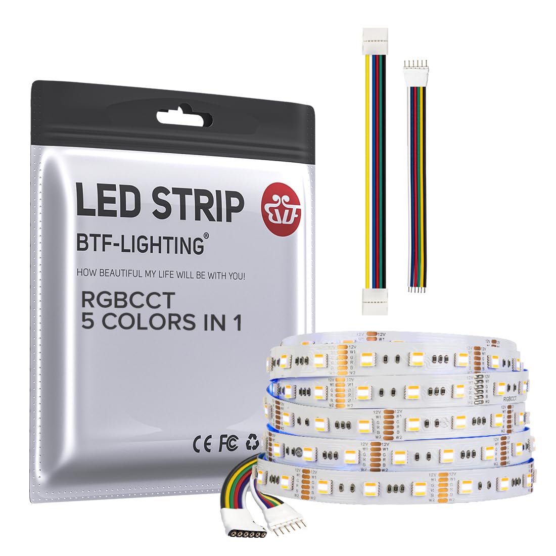 BTF-LIGHTING RGBCCT 5 Colors in 1 LED 5050SMD RGBWW RGB+Dimmable Tunable Color Temperature 2700K-6500K 16.4ft 60LEDs/m 300LEDs Multi-Colored LED Tape Lights IP30 DC12V For Bedroom Desk Home Decoration