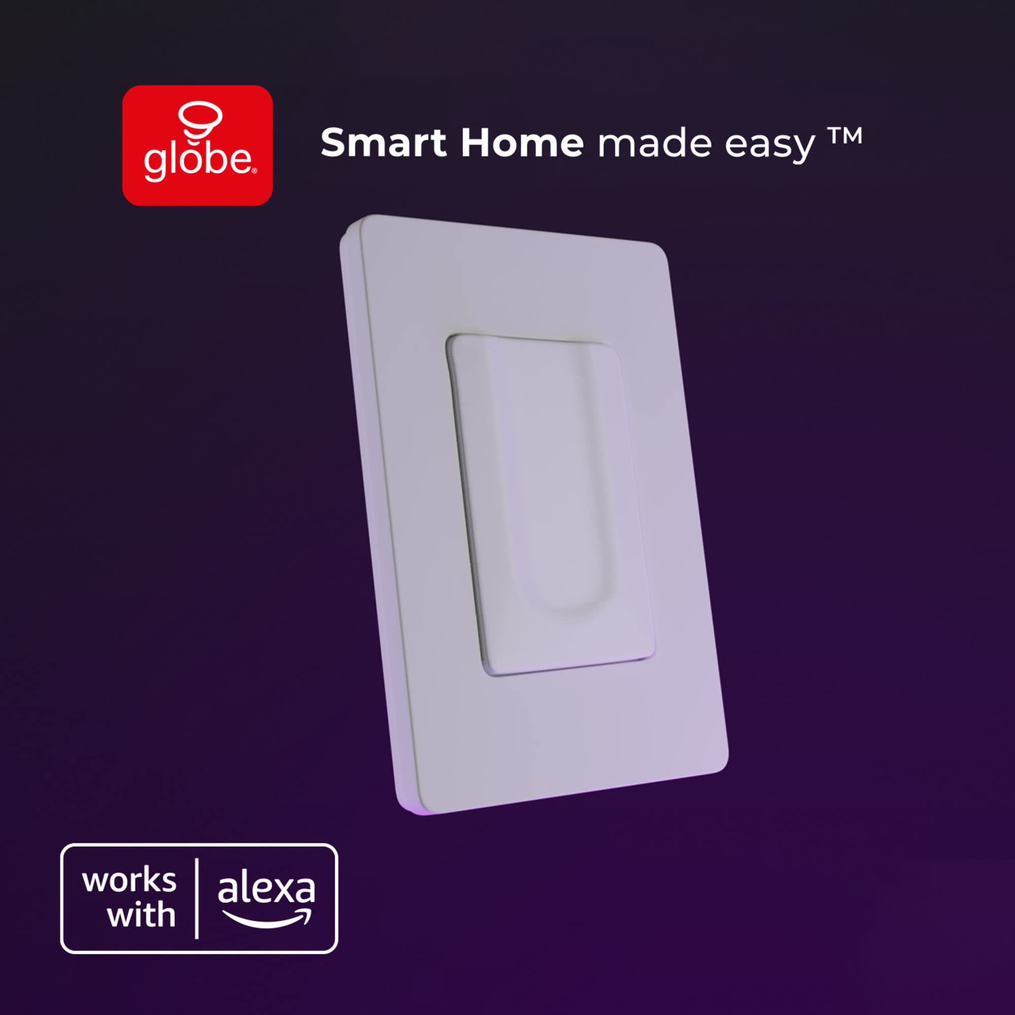 Globe Electric 50586 Works with Alexa Only Wi-Fi Smart Indoor On/Off Smart Switch,2.4Ghz WiFi, Neutral Wire Required, Voice Activated, White, Wall Plate Included, Smart Home Automation