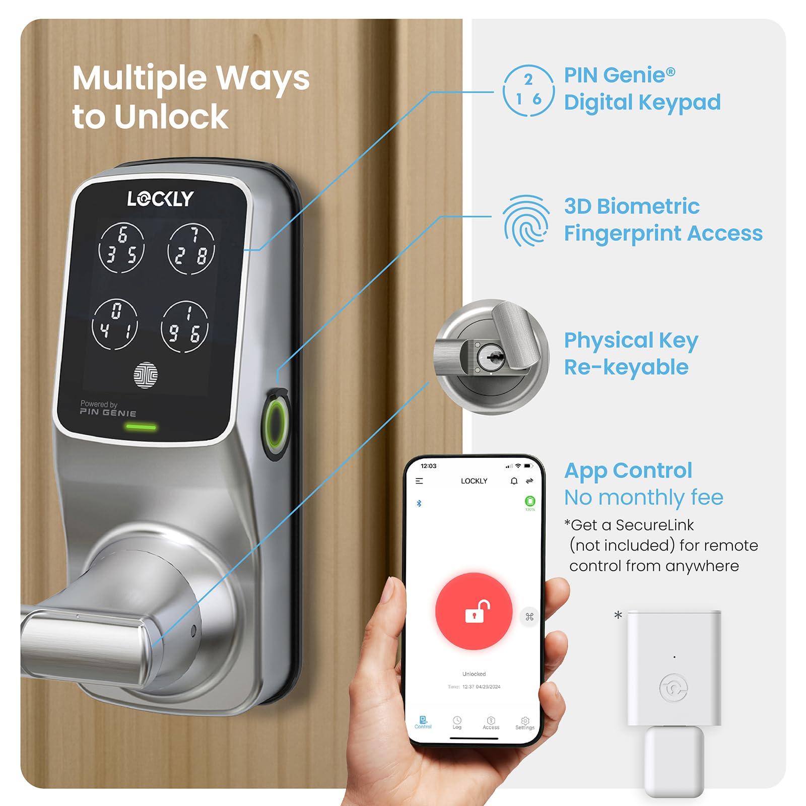 Lockly Secure Pro, Wi-Fi Smart Door Lock, Keyless Entry Door Lock, PIN Genie® Keypad, 3D Biometric Fingerprint Sensor, Voice Control, Auto Lock - Satin Nickel (PGD628WSN) - Latch Edition
