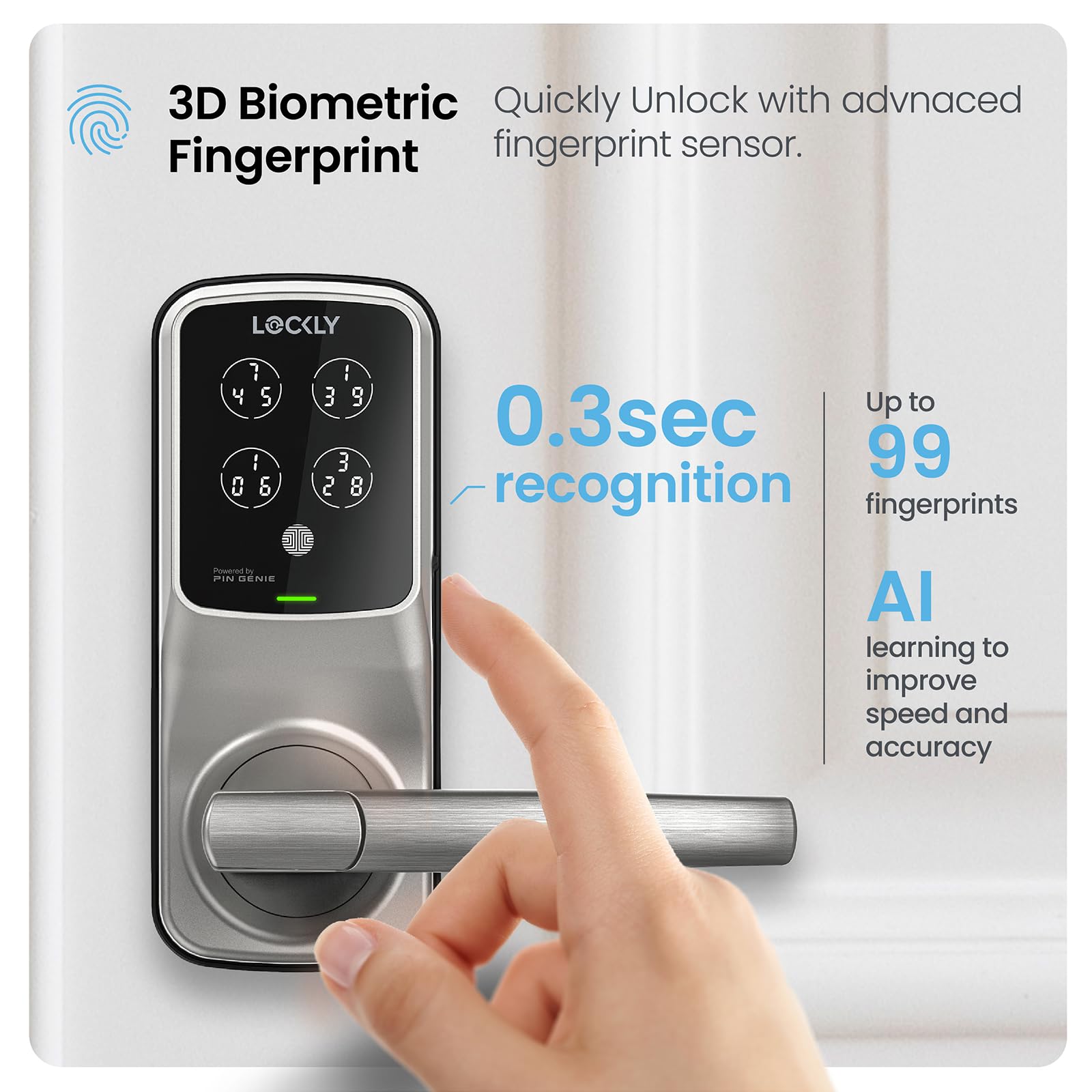 Lockly Secure Pro, Wi-Fi Smart Door Lock, Keyless Entry Door Lock, PIN Genie® Keypad, 3D Biometric Fingerprint Sensor, Voice Control, Auto Lock - Satin Nickel (PGD628WSN) - Latch Edition