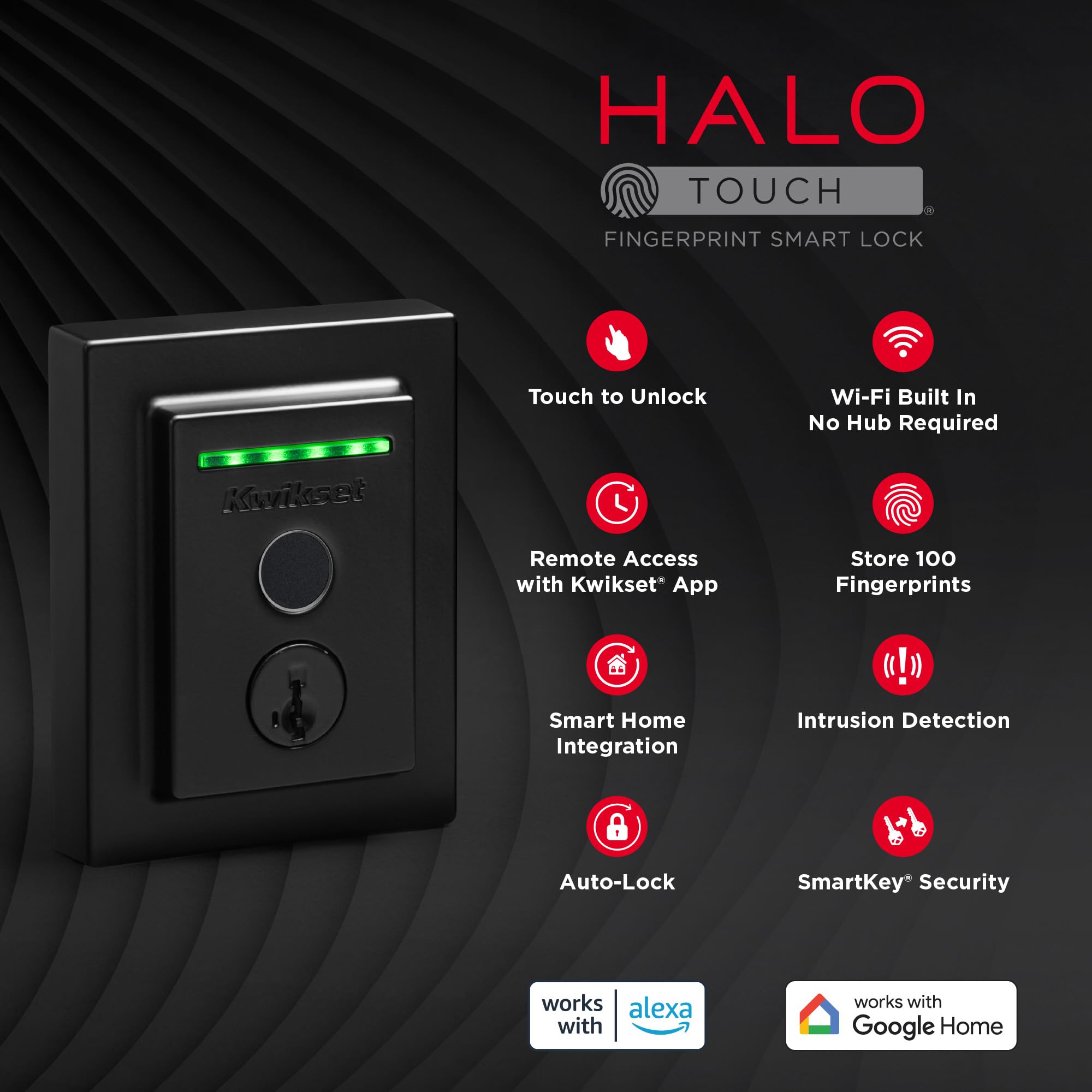 Kwikset Halo Touch Contemporary Square Wi-Fi Fingerprint Smart Lock No Hub Required featuring SmartKey Security in Matte Black (99590-004)