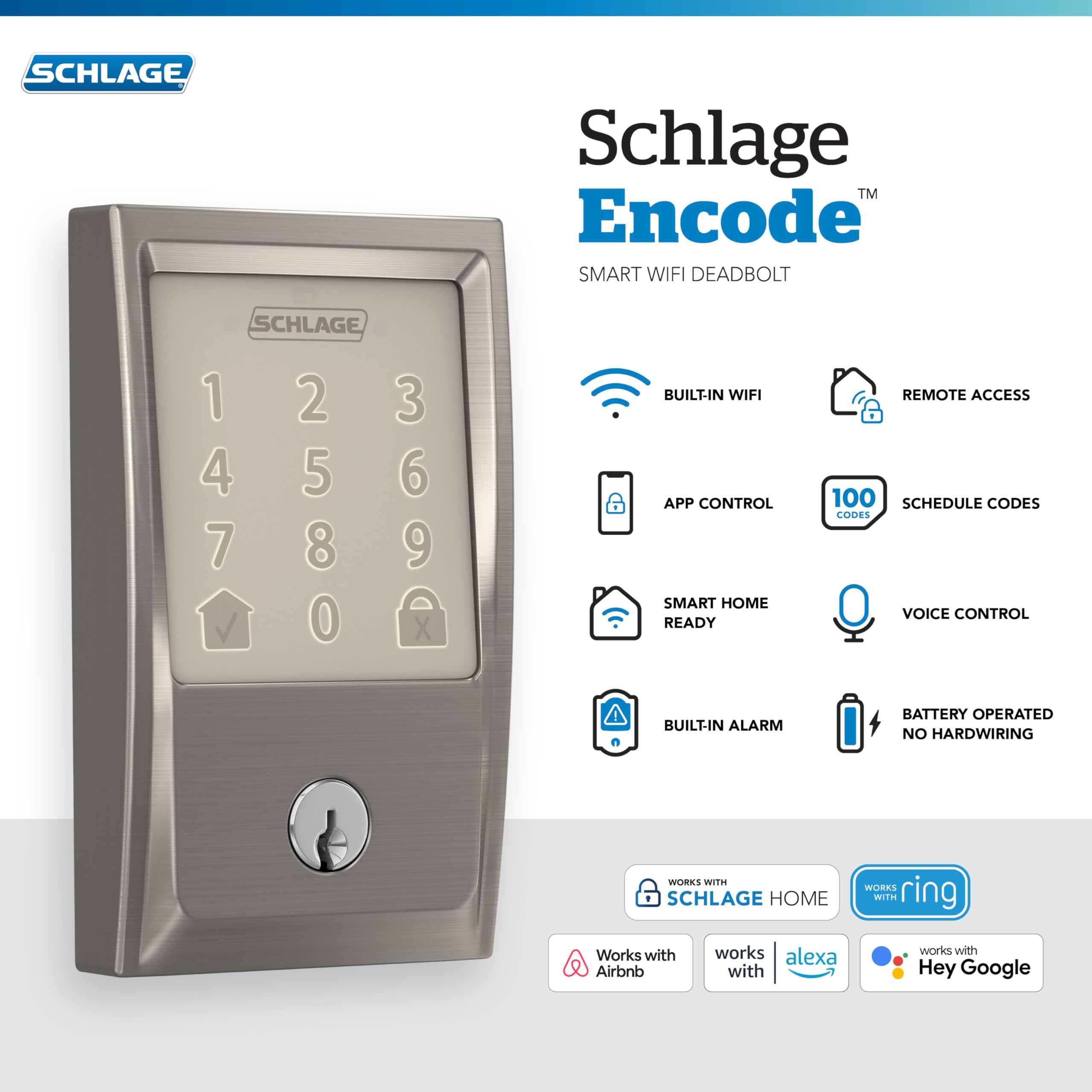 Schlage Encode Smart Wi-Fi Deadbolt with Century Trim in Satin Nickel