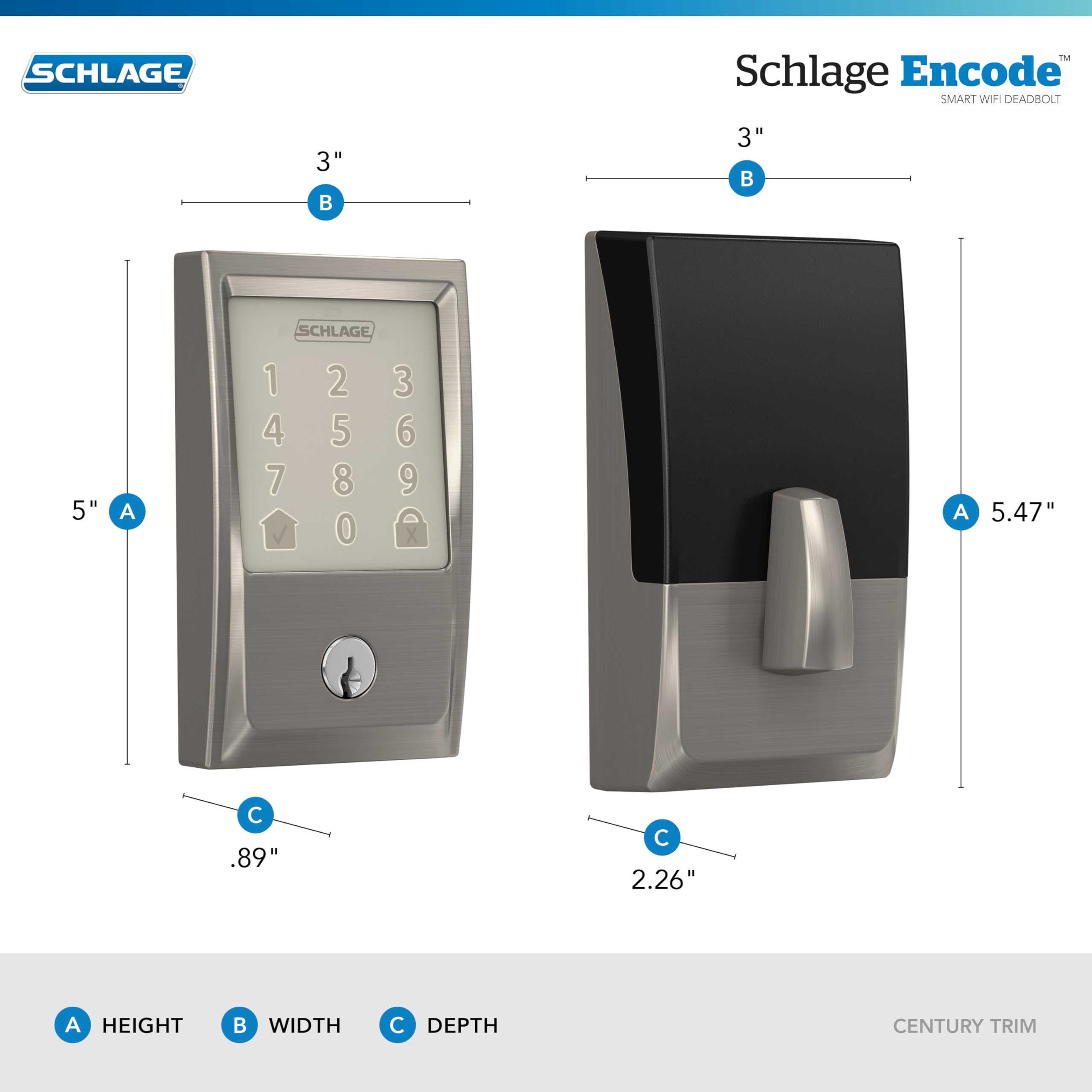 Schlage Encode Smart Wi-Fi Deadbolt with Century Trim in Satin Nickel