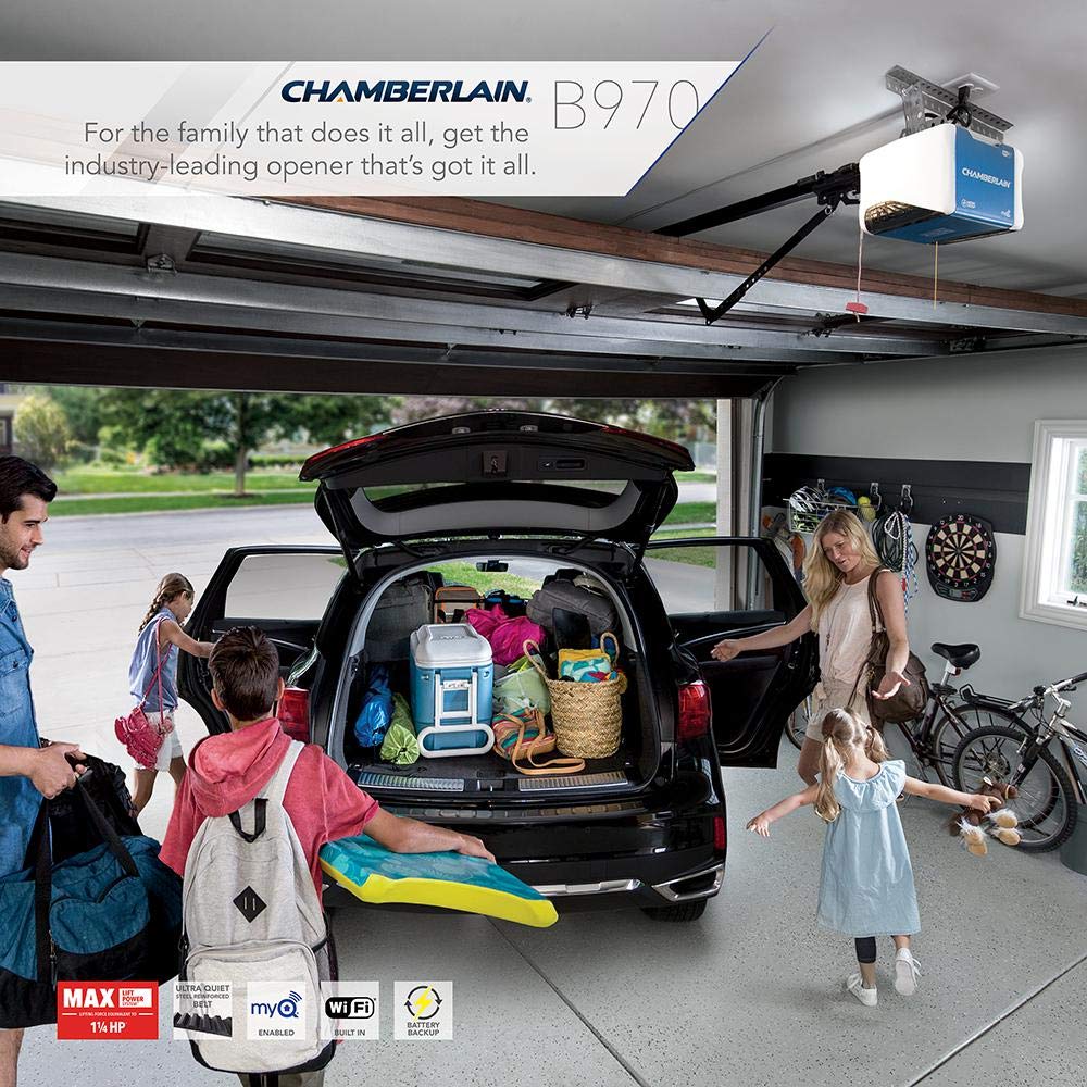 Chamberlain B970T Smart Garage Door Opener with Battery Backup - myQ Smartphone Controlled - Ultra Quiet, Strong Belt Drive and MAX Lifting Power, 1.25 HP, Wireless Keypad Included, Grey