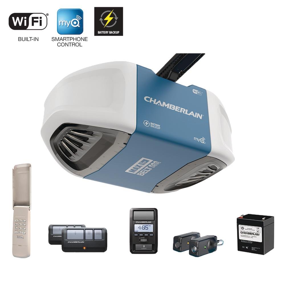 Chamberlain B970T Smart Garage Door Opener with Battery Backup - myQ Smartphone Controlled - Ultra Quiet, Strong Belt Drive and MAX Lifting Power, 1.25 HP, Wireless Keypad Included, Grey
