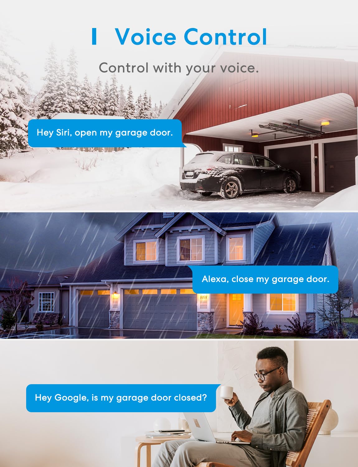 Smart Garage Door Opener Remote, Compatible with Apple HomeKit, Amazon Alexa, Google Assistant, SmartThings, Multiple Notification Modes, No Hub Needed