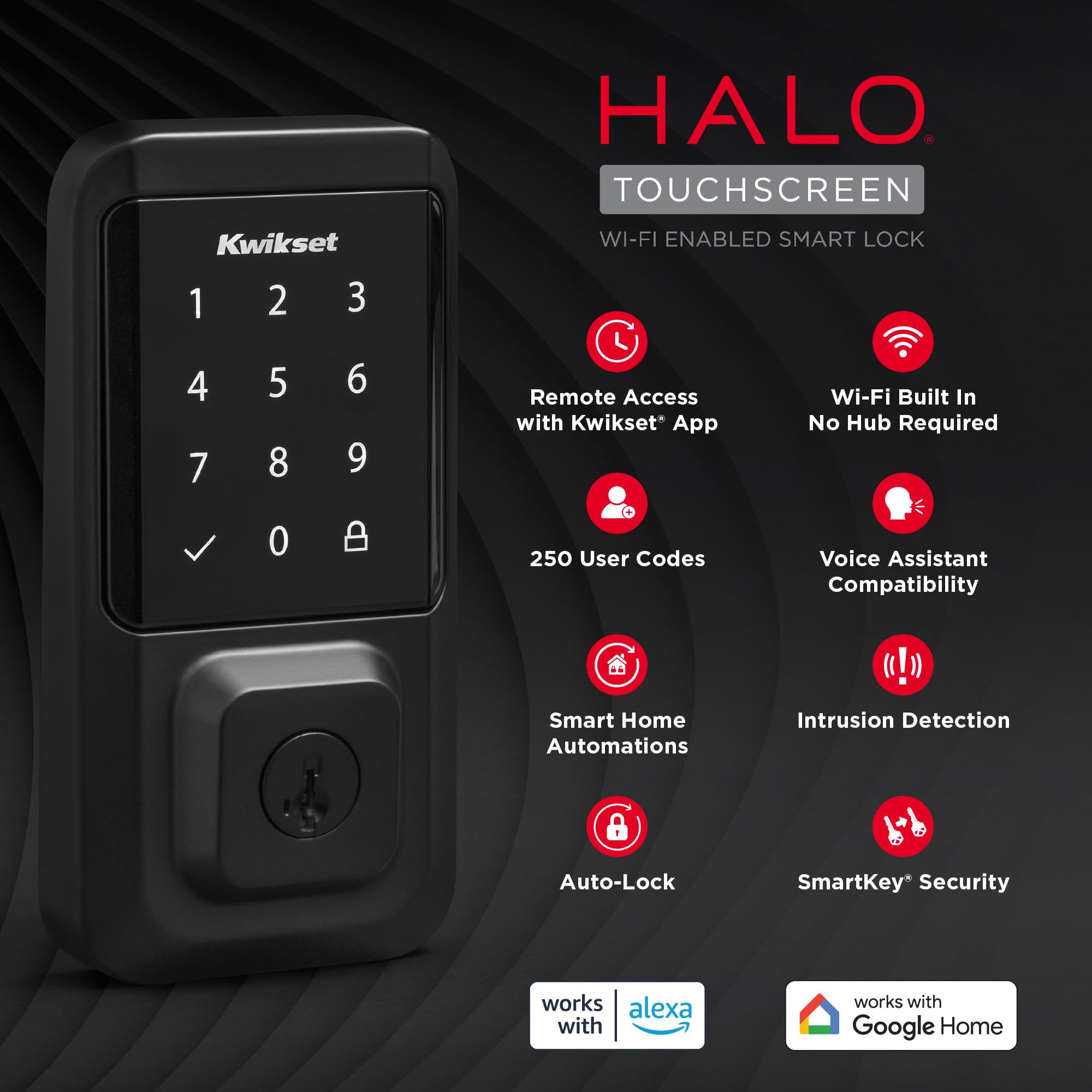 Kwikset 99390-004 Halo Wi-Fi Smart Lock Keyless Entry Electronic Touchscreen Deadbolt Featuring SmartKey Security, Matte Black