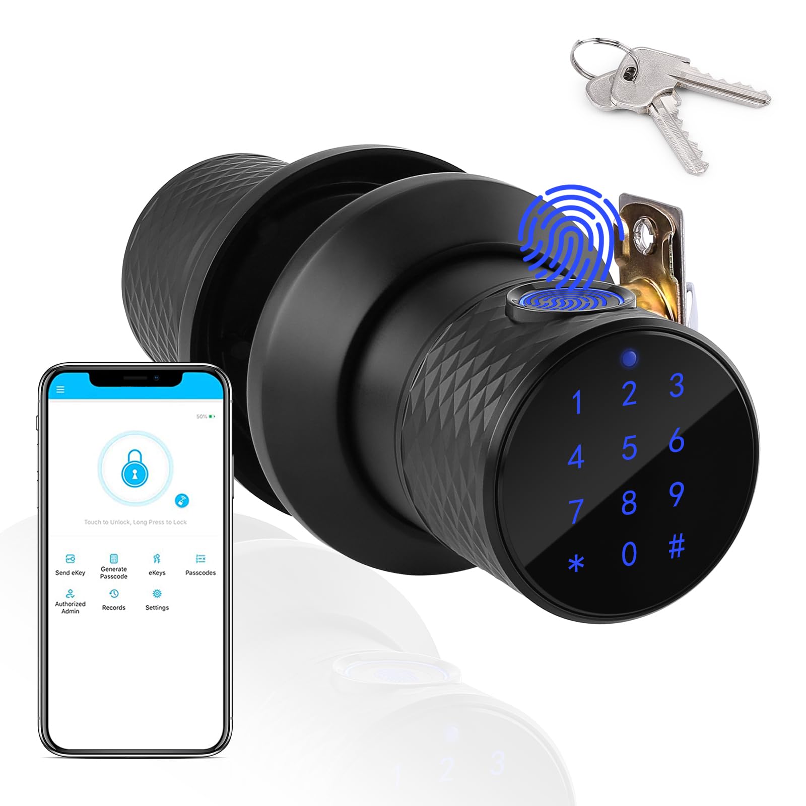 Fingerprint Door Knob, FITNATE Bluetooth Digital Code Door Lock Knob Gate Lock with Keypad, App Work with Alexa, Echo, Security Guard for Home, Hotel, Office, Easy to Install
