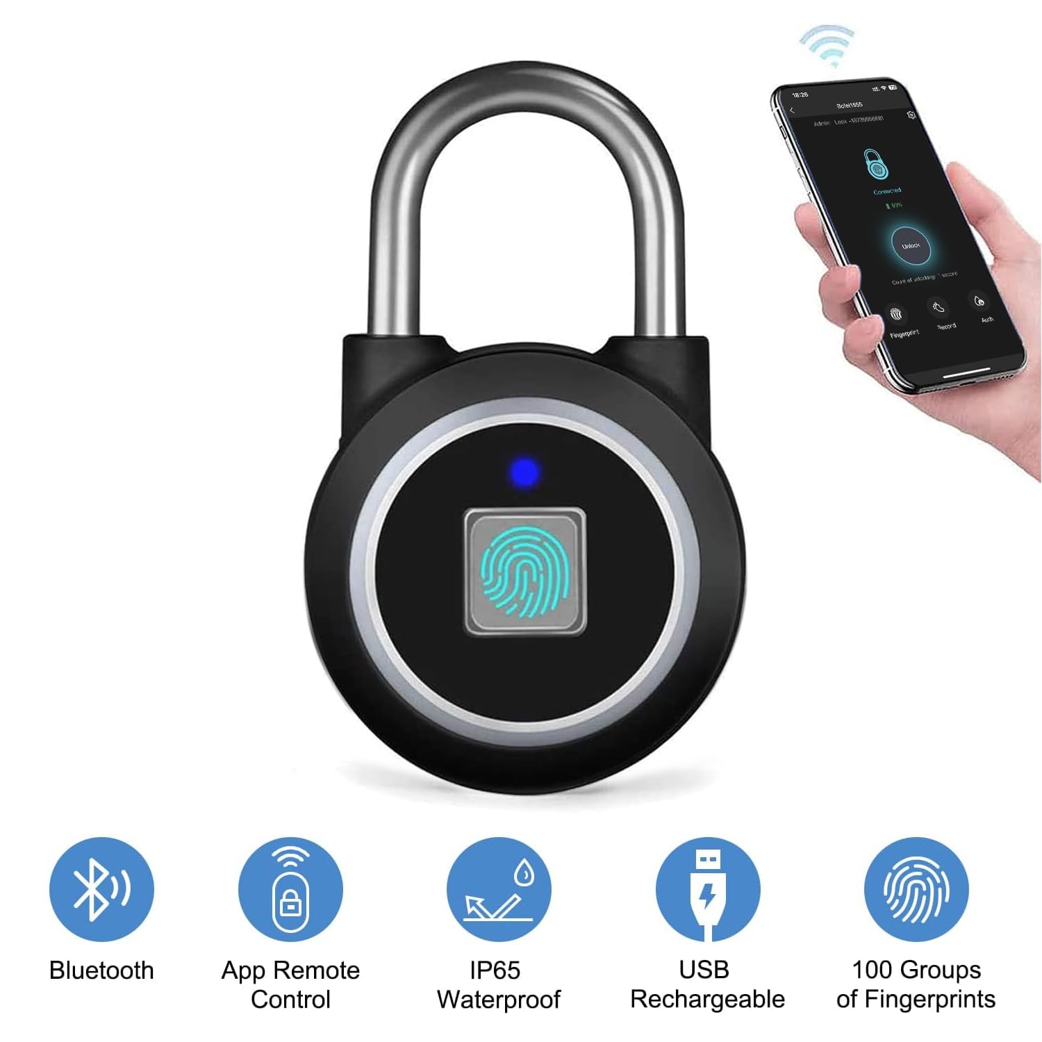 Fingerprint Padlock, Bluetooth Lock, Mobile APP, MEGAFEIS Smart Padlock with Keyless Biometric, Water Resistant, Suitable for Gym, Sports, Bike, School, Fence and Storage(Black)
