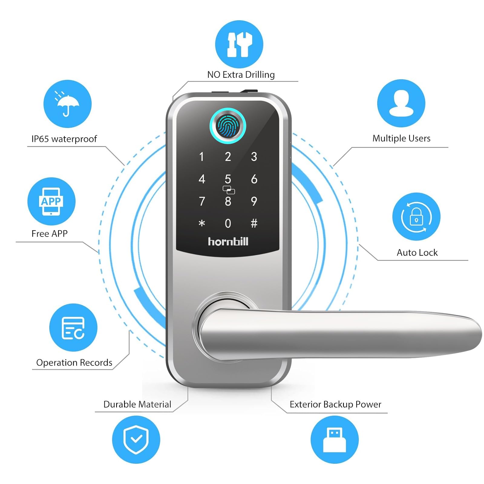 Fingerprint Door Locks with Handle, Hornbill Smart Keyless Entry Locks with Touchscreen Keypad,Bluetooth Front Door Lock, Electronic Digital Deadbolt with Reversible Handle, Free App, Fobs, Code