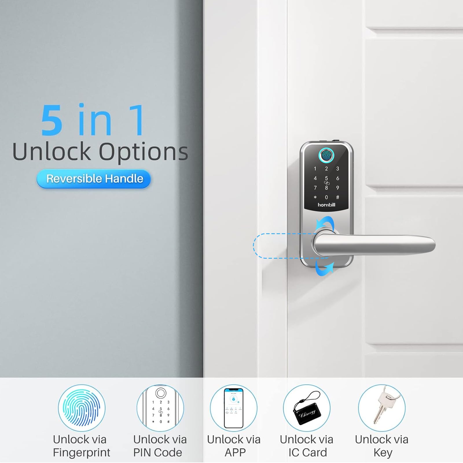 Fingerprint Door Locks with Handle, Hornbill Smart Keyless Entry Locks with Touchscreen Keypad,Bluetooth Front Door Lock, Electronic Digital Deadbolt with Reversible Handle, Free App, Fobs, Code
