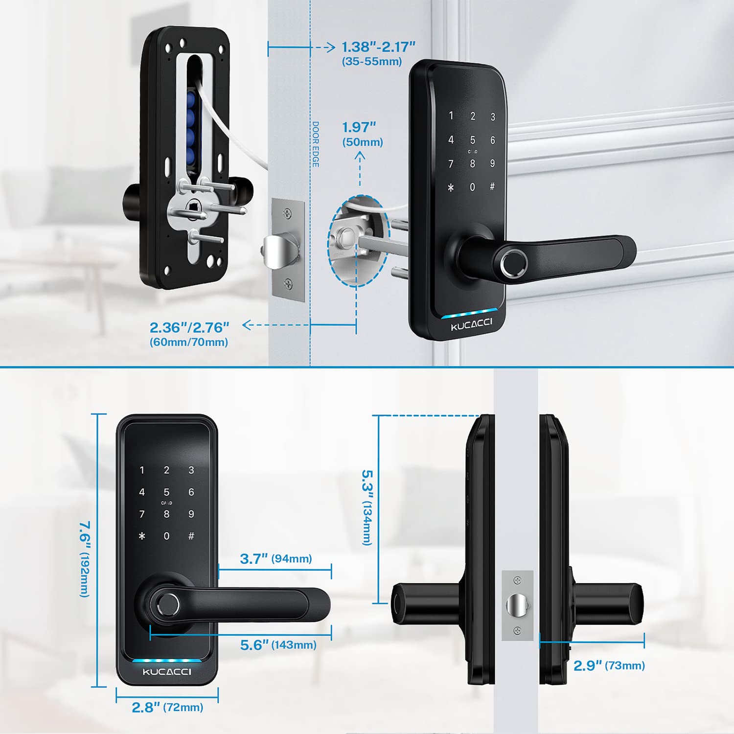 KUCACCI Smart Door Lock, Keyless Entry Door Lock, Fingerprint Door Lock, Digital Door Lock, Keypad Door Lock with Handle, Bluetooth WiFi Door Locks, Smart Door Handle for Smart Home(Black)