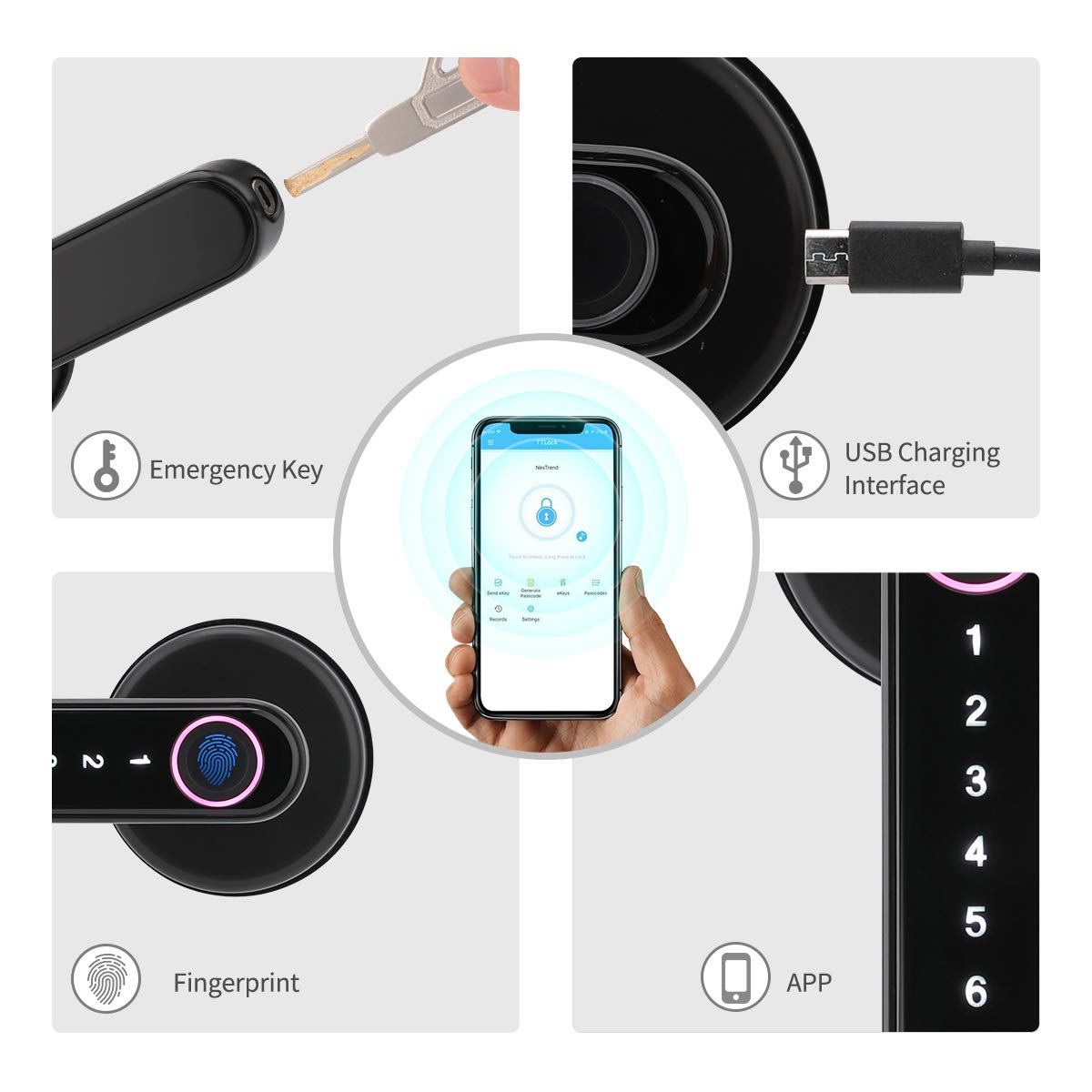 Laxre Fingerprint Smart Lock,Touchscreen Room Door Lock, Phone App Digital Lever Lock, Bluetooth Door knob,Keyless Entry Front Door Lock with keypad, USB Charging for Home&Hotel&Office&Interior Door…