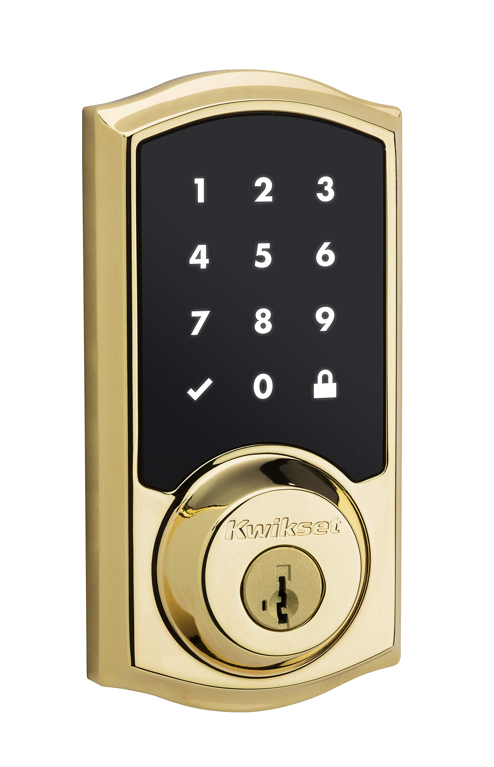 Kwikset 916 Traditional Touchscreen SmartCode Electronic Deadbolt Smart Lock featuring SmartKey Security and ZigBee 3.0 Technology in Polished Brass,Lifetime Polished Brass
