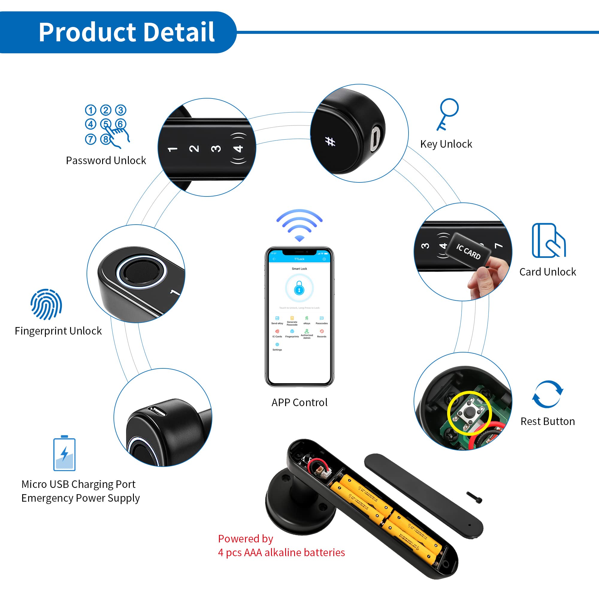 Smart Lock,CATCHFACE Fingerprint Door Lock Keyless Entry Door Lock Fingerprint Door Handle Biometric Door Lock with Fingerprint/TTlock App/Code/Key WiFi Door Lock for Front Door Home Airbnb(Black)