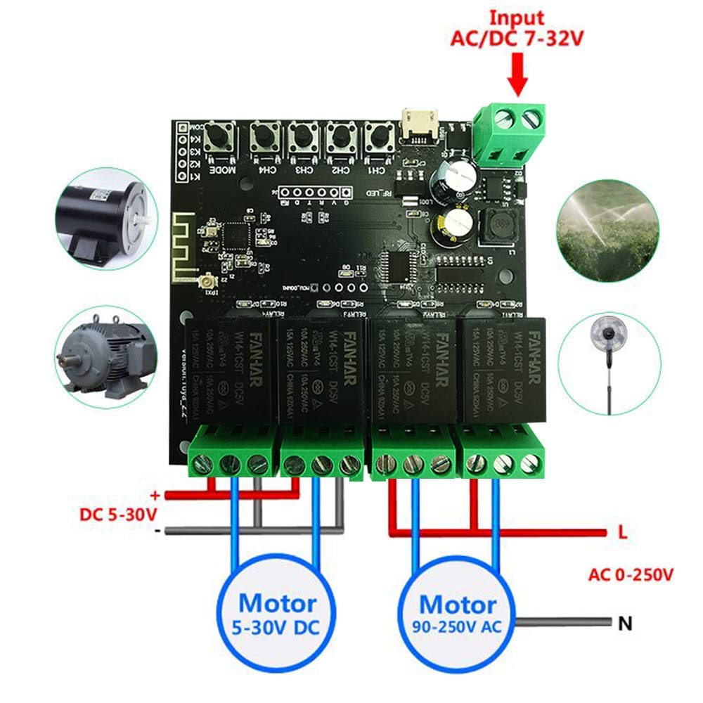 4 Channel WiFi Momentary Inching Relay Self-Locking Switch Module Smart Life/Tuya APP Control WiFi Relay Module for Garage Door Opener, DC 7-32V WiFi Relay Switch Compatible with Alexa Goolge Home