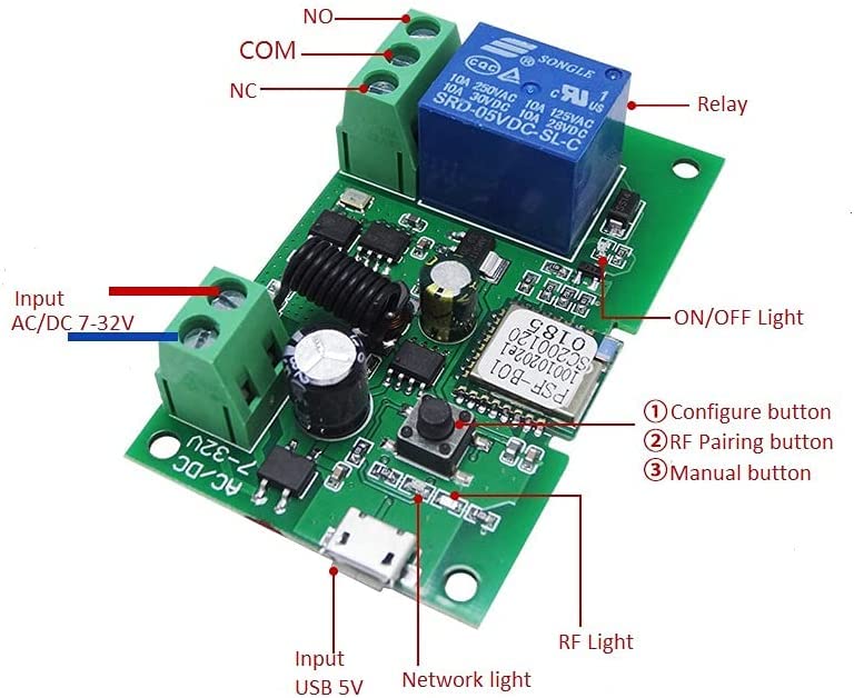 MHCOZY Updated WiFi Wireless Smart Switch Inching Self-Locking Relay Module,Set Inching Time from 0.5 Second to 1 Hour,be Applied to Access Control,DIY WiFi Garage Door Opener (7-32V with 433Mhz RF)