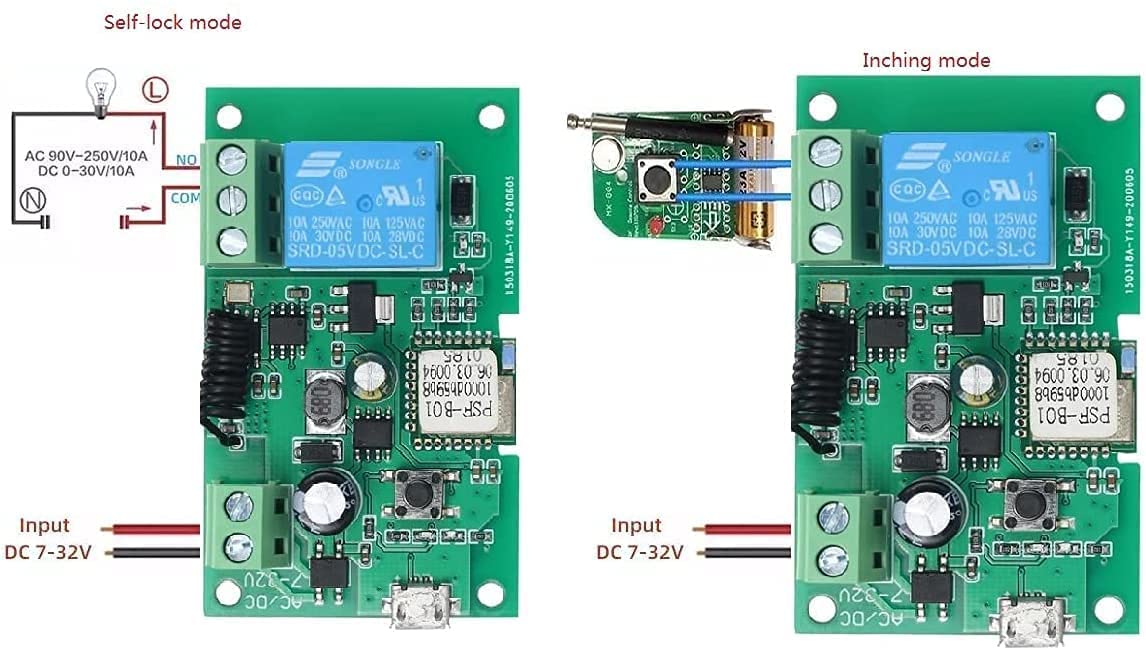MHCOZY Updated WiFi Wireless Smart Switch Inching Self-Locking Relay Module,Set Inching Time from 0.5 Second to 1 Hour,be Applied to Access Control,DIY WiFi Garage Door Opener (7-32V with 433Mhz RF)