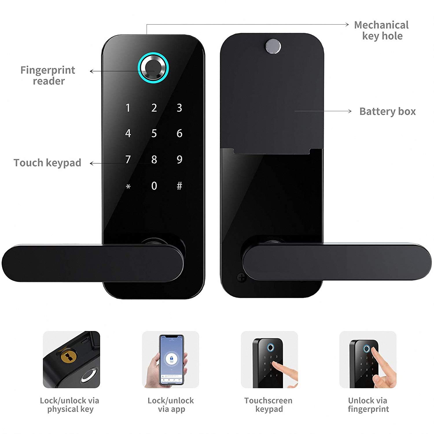 SmartCoolous Tuya Smart Lock Fingerprint Door Lock 4 in 1 Unlock Touch Screen Bluetooth APP Keyless Entry Door Lock for Home Office Hotel Apartment Compatible with Alexa