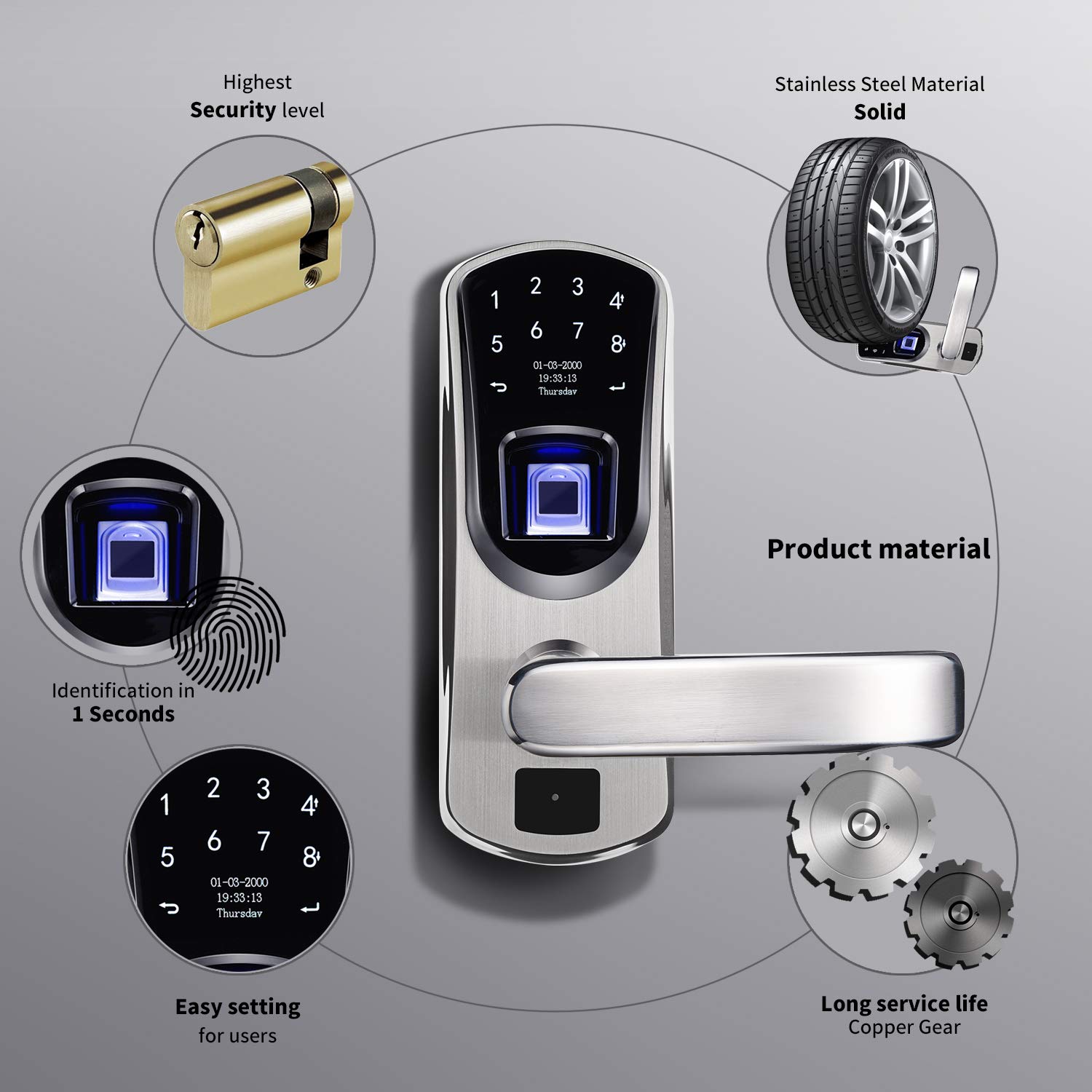 WeJupit V8 Fingerprint Keyless Entry Smart Door Lock Stainless Steel Touchscreen with Electronic Keypads, Spare Key, Two-Factor Authentication, Biometric Digital Auto-Lock, Right Handle Only